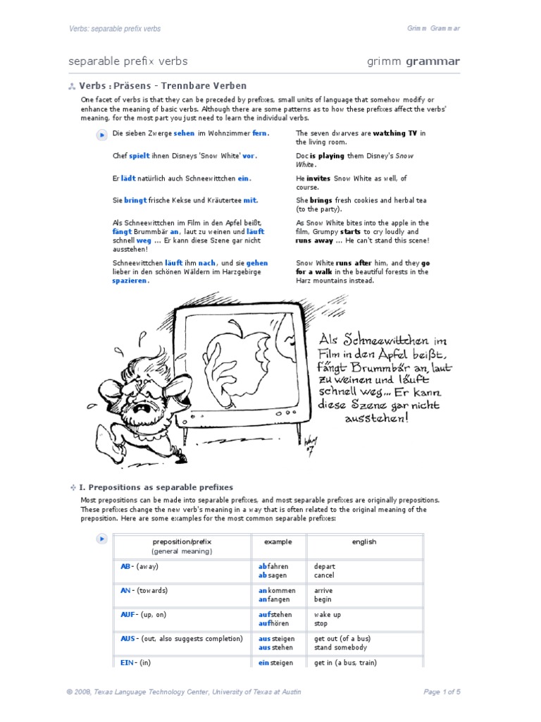 Separable Prefix Verbs Grimm: Verbs Präsens - Trennbare Verben | PDF ...