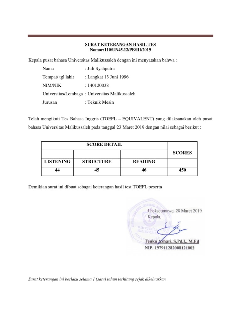 Surat Keterangan Hasil Tes | PDF