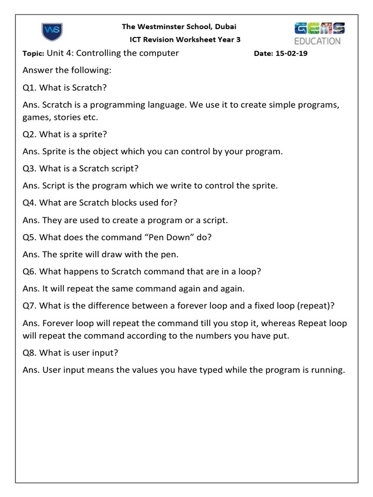 ICT Revision Worksheet Scratch Answer Key