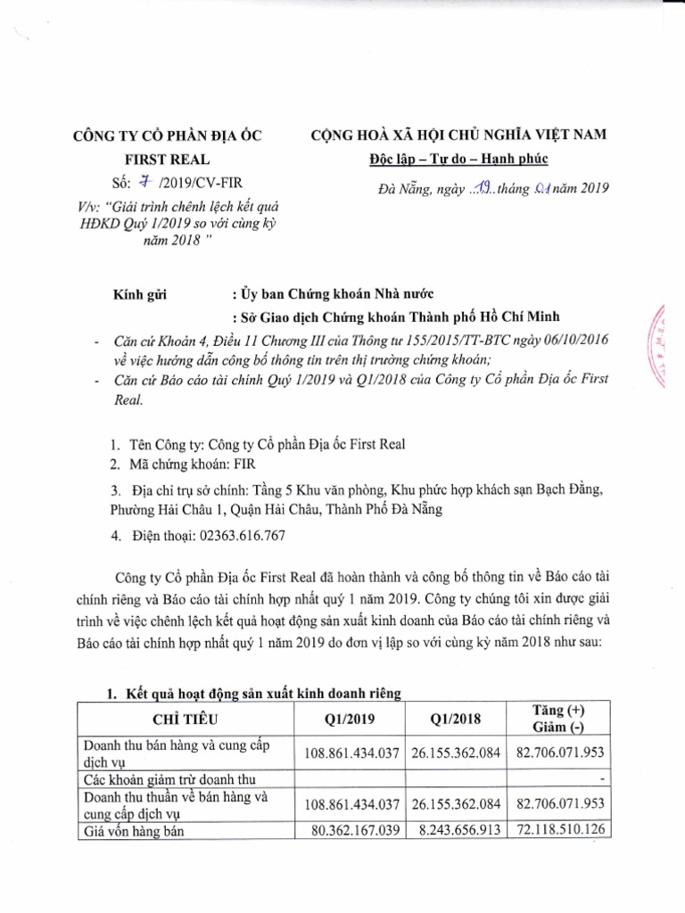 FIR - CV Giai Trinh Chenh Lech KQHĐKD Quy 1.2019 So Voi Cung Ky Nam 2018 | PDF | Vietnam