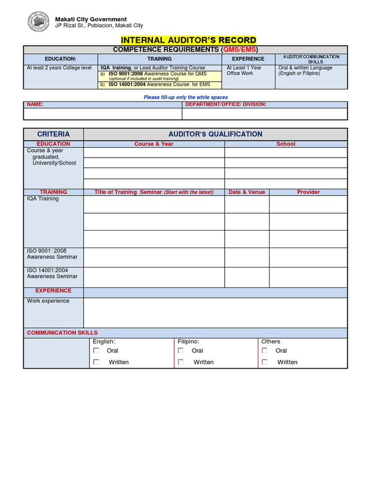 Auditor's Record Form | PDF