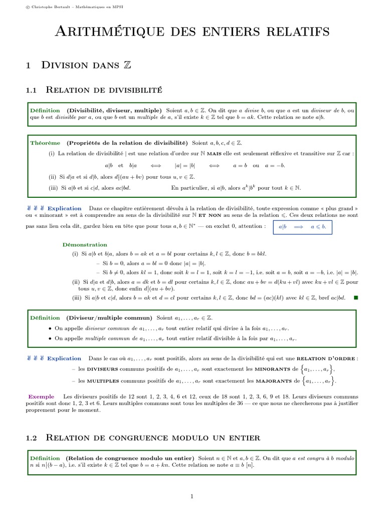 Cours - Arithmetique Des Entiers Relatifs | PDF | Nombre premier ...