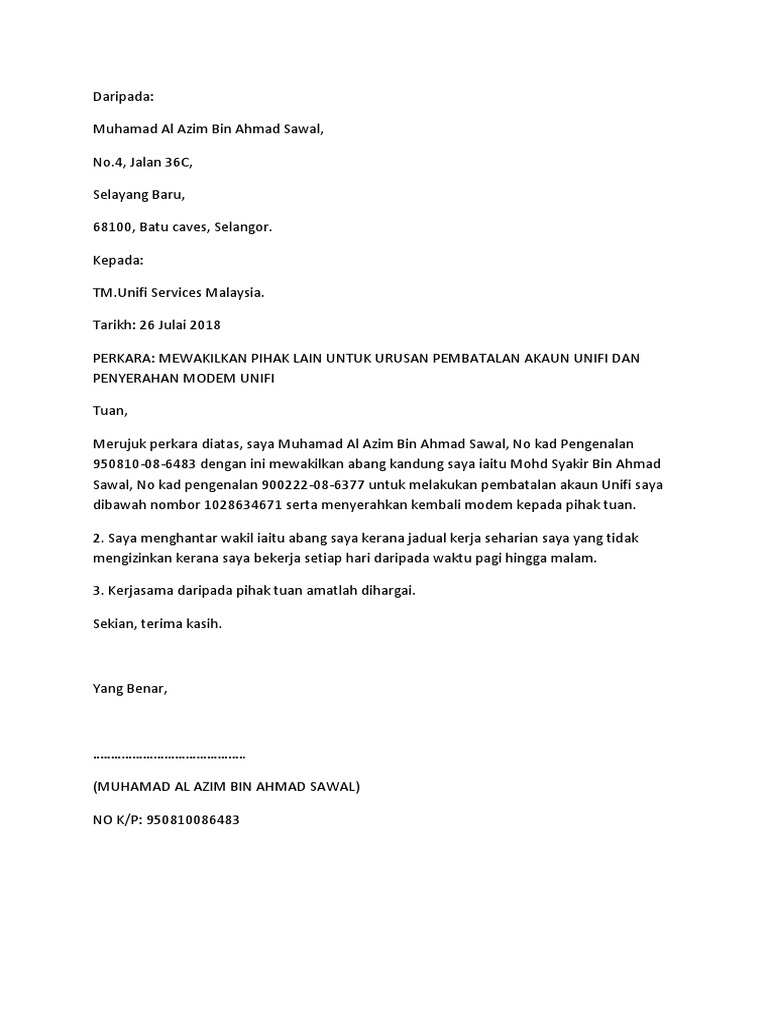 Surat Pembatalan Unifi | PDF