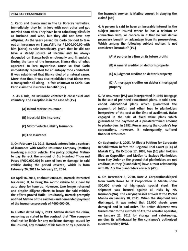 Insurance Bar Qs 1975-2014 | PDF | Liability Insurance | Insurance