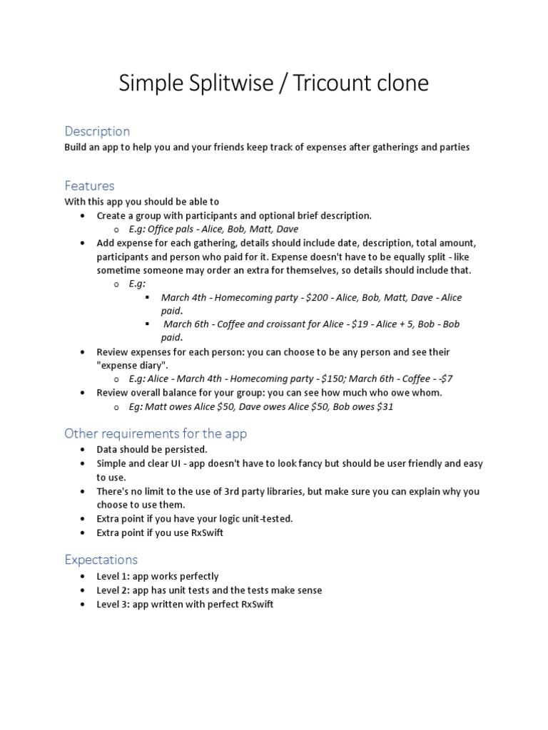 Simple Splitwise / Tricount Clone: Description | PDF