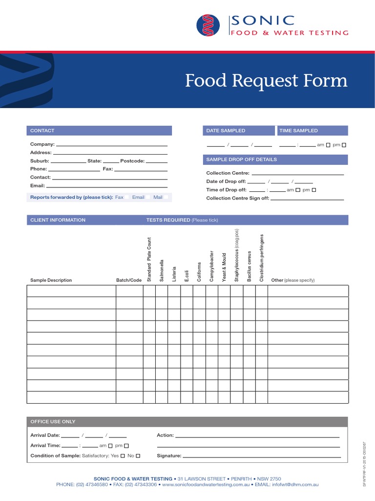 Food Testing Request Form Template | PDF | Bacteria | Wellness