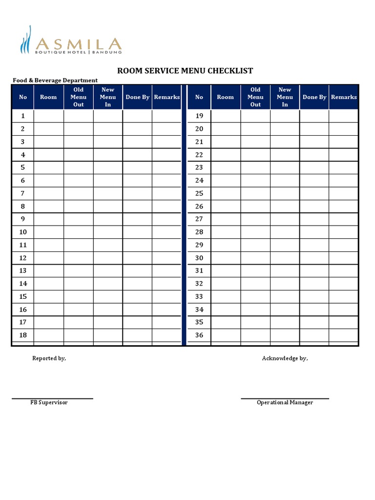 Room Service Menu Check List | PDF | Hospitality Industry | Hotel