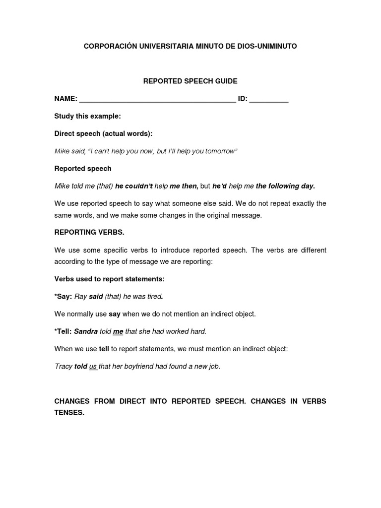 Reported Speech Guide for Students | PDF | Languages | Language Arts ...