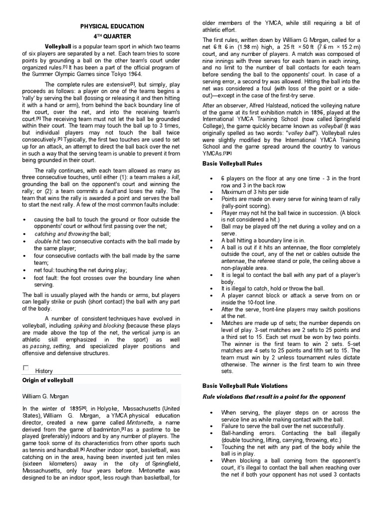 4th Physical Education Notes | PDF | Volleyball | Sports Equipment