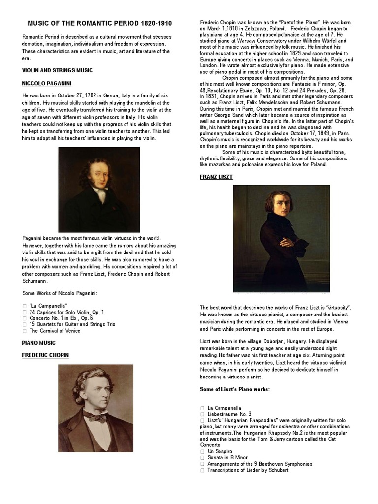 Romantic Period Composers Overview | PDF | Frédéric Chopin | Robert ...