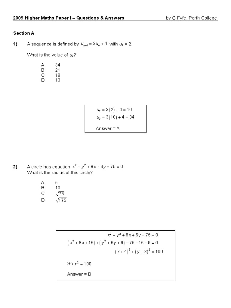 2009 Higher Maths Paper I - Questions & Answers by G Fyfe, Perth ...