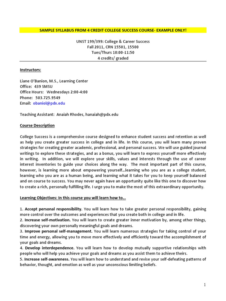 Sample Syllabus From 4 Credit College Success Course - Example Only ...