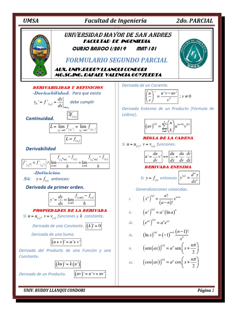 Formulario Segundo Parcial (Mat-101) PDF | Descargar gratis PDF | Derivado | Calculo diferencial