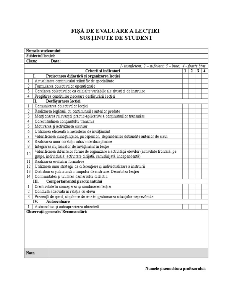 Fisa Evaluare Lectie | PDF