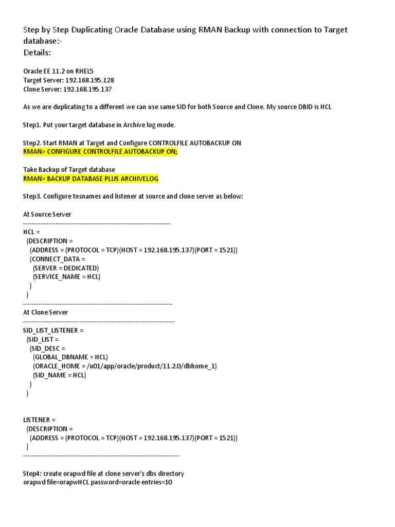 Step By Step Guide To Duplicating An Oracle Database Using Rman Backup Pdf Backup Digital