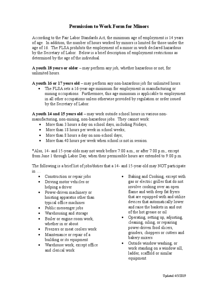 Permission To Work Form For Minors: A Youth 18 Years or Older - May ...