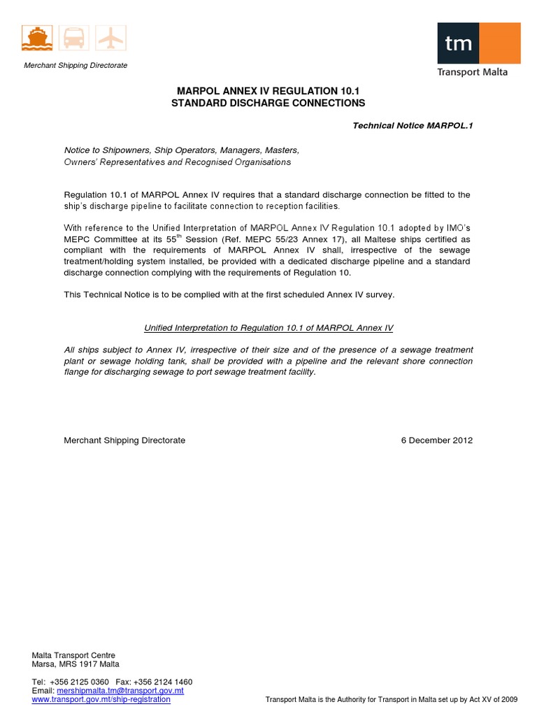 Technical Notice MARPOL 1 - MARPOL Annex IV Regulation 10.1 Standard ...
