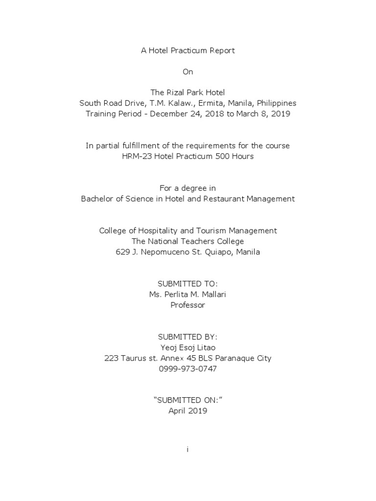 Litao Practicum Report FINAL | PDF | Restaurants | Hotel