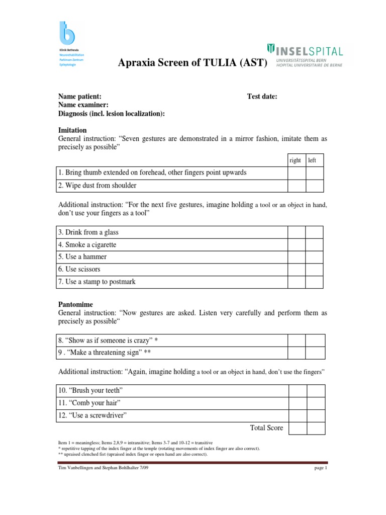 Tulia Apraxia Screening Test Overview | PDF | Sensitivity And ...