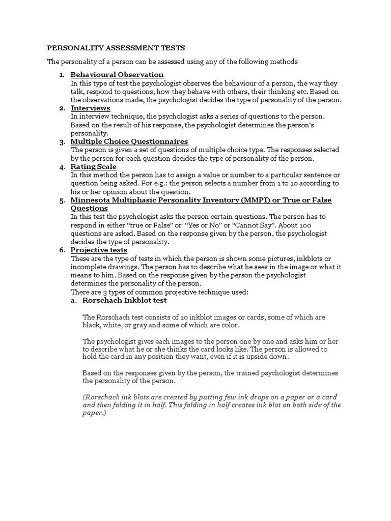 Personality Assessment Tests | PDF | Psychology | Psychological Concepts