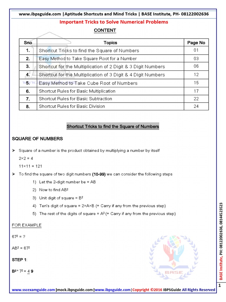 Important Shortcut Tips To Solve Numerical Problems | PDF | Subtraction ...