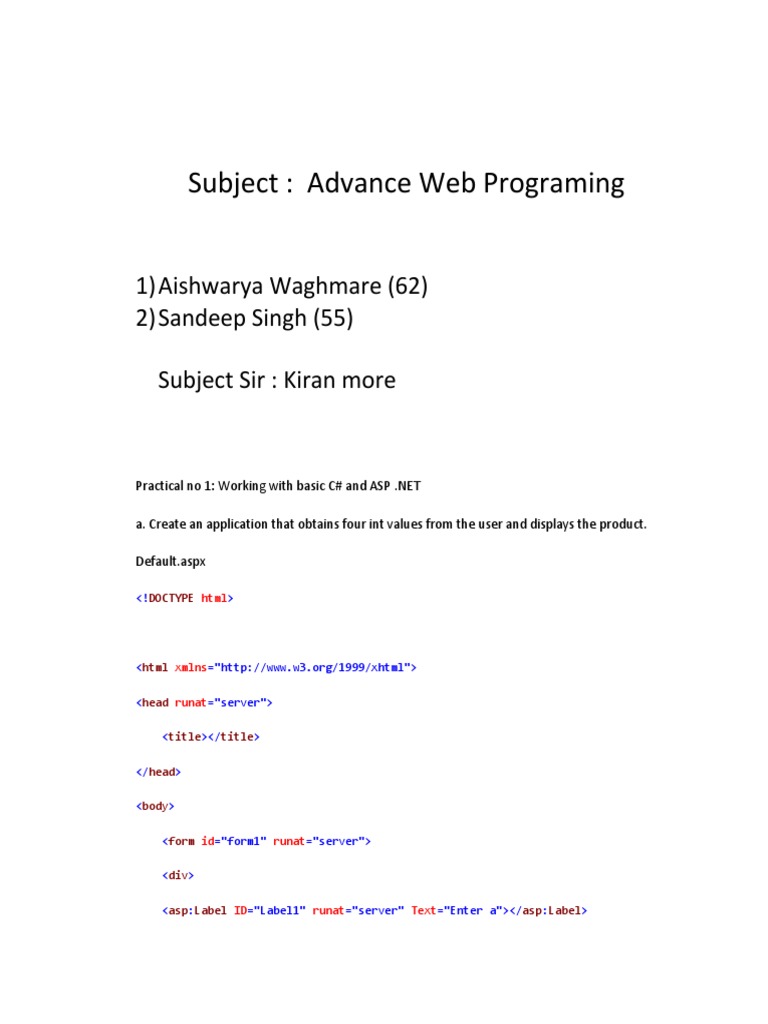 Subject: Advance Web Programing: 1) Aishwarya Waghmare (62) 2) Sandeep Singh (55) Subject Sir ...