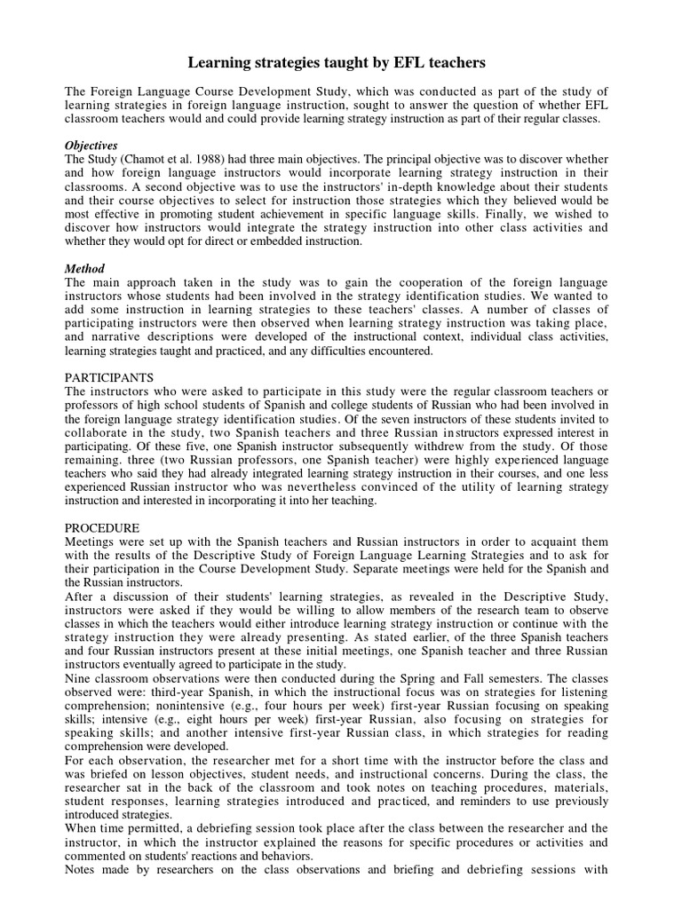 Learning Strategies Taught by EFL Teachers: Objectives | PDF | Reading ...