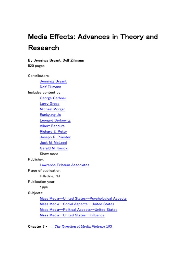 Media Effects: Advances in Theory and Research: by Jennings Bryant ...