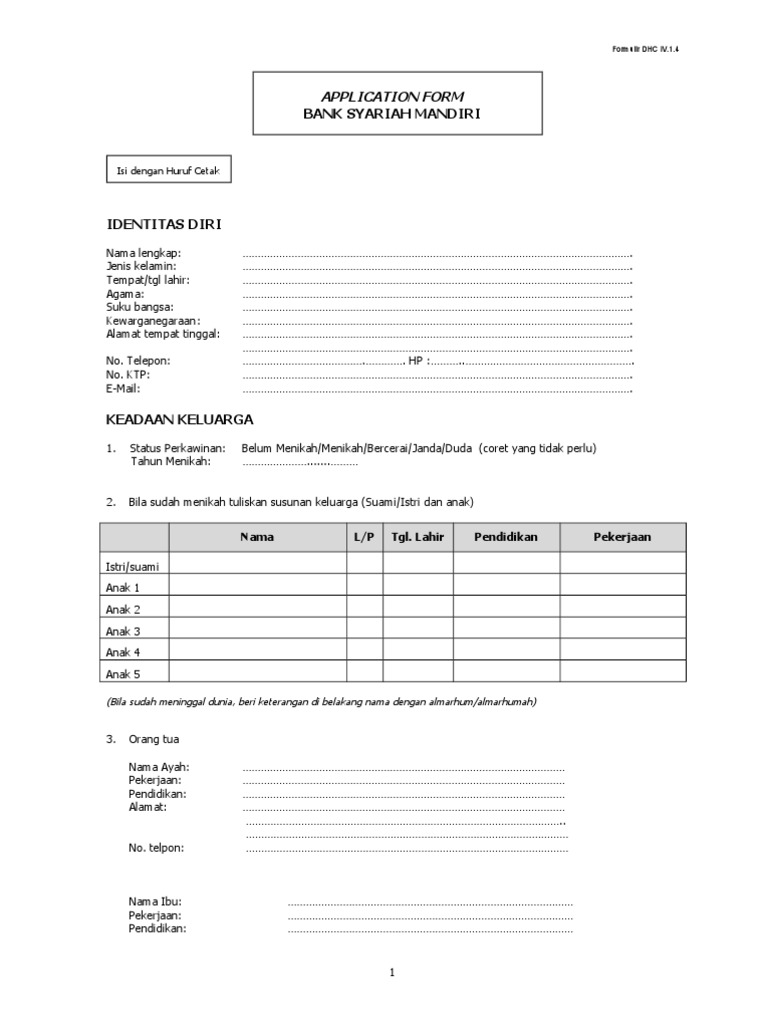 Bank Syariah Mandiri: Application Form | PDF | Business