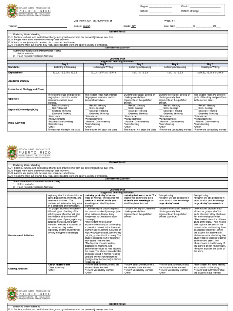 Lesson Plan 12.1 Week 1 | PDF | Narrative | Educational Assessment