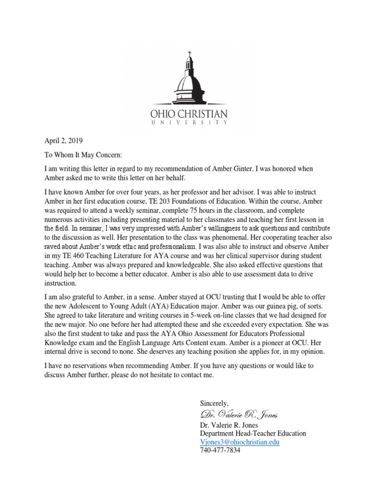 Amber Ginter Recommendation Letter-St Letter | PDF
