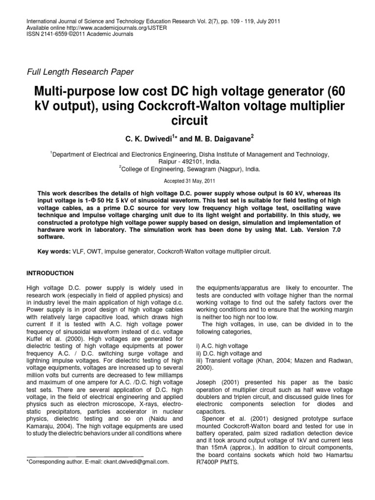 Multi-Purpose Low Cost DC High Voltage Generator (60 KV Output), Using ...