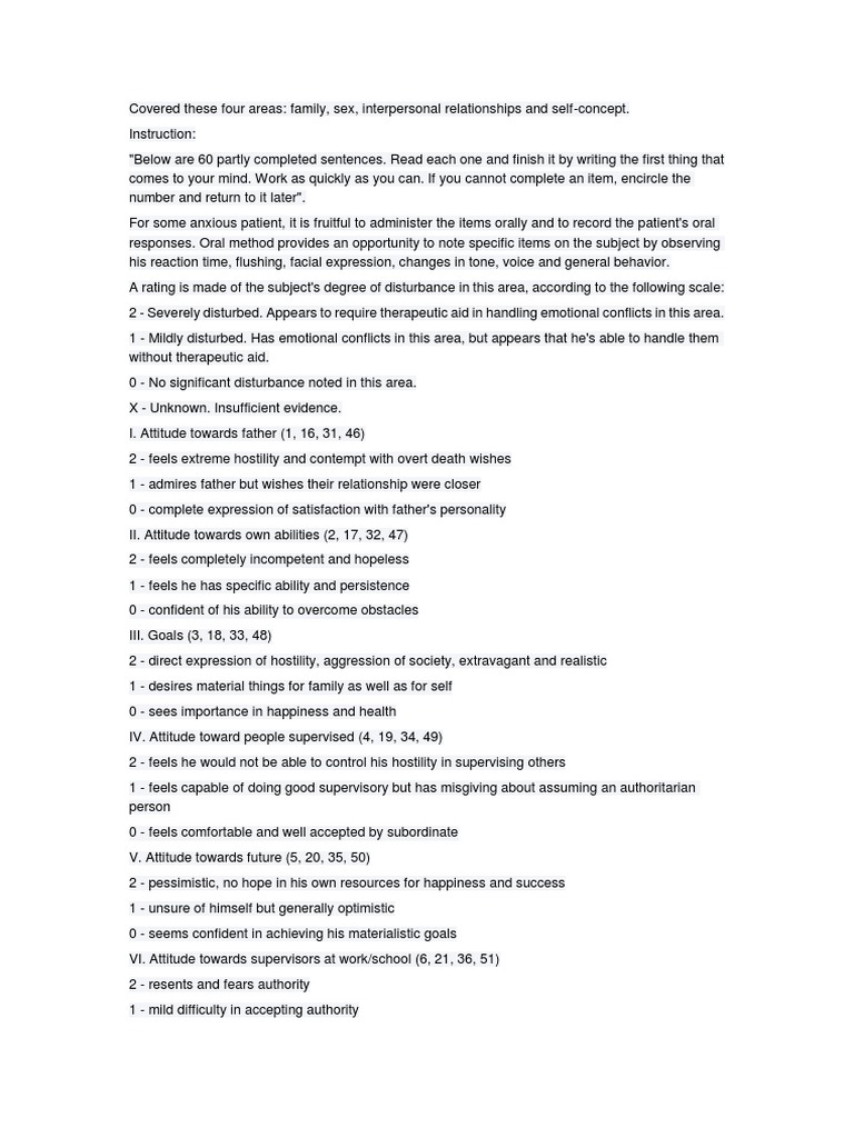 SSCT: Scoring and Interpretation Guide | PDF | Attitude (Psychology ...