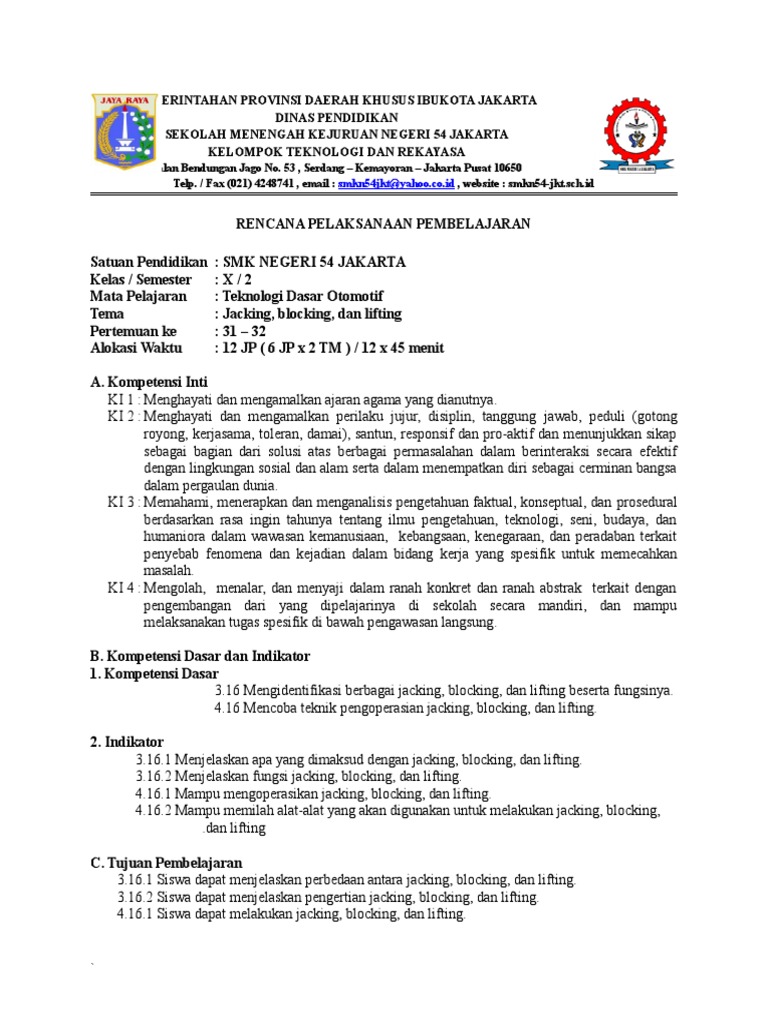 RPP Jacking, Blocking Dan Lifting (Pertemuan Ke-17) | PDF