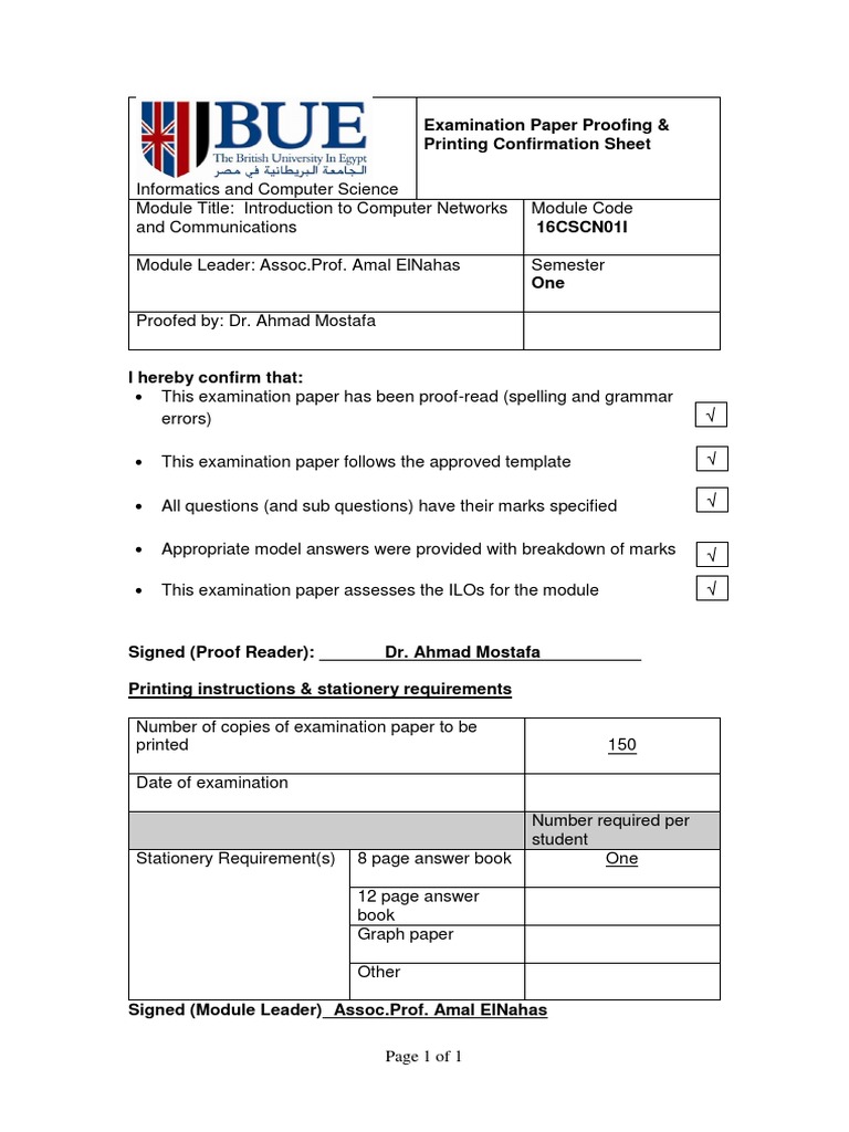 Examination Paper Proofing & Printing Confirmation Sheet | PDF ...