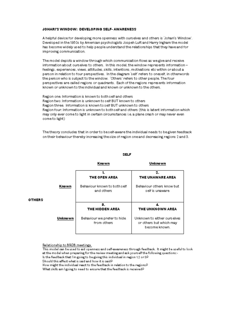 Johari's Window for Self-Awareness | PDF | Self | Self Awareness
