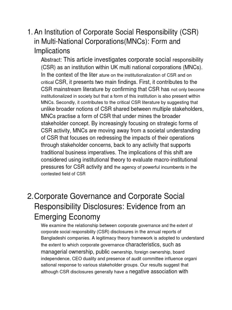 CSR in MNCs: Institutionalization and Implications | PDF | Corporate ...
