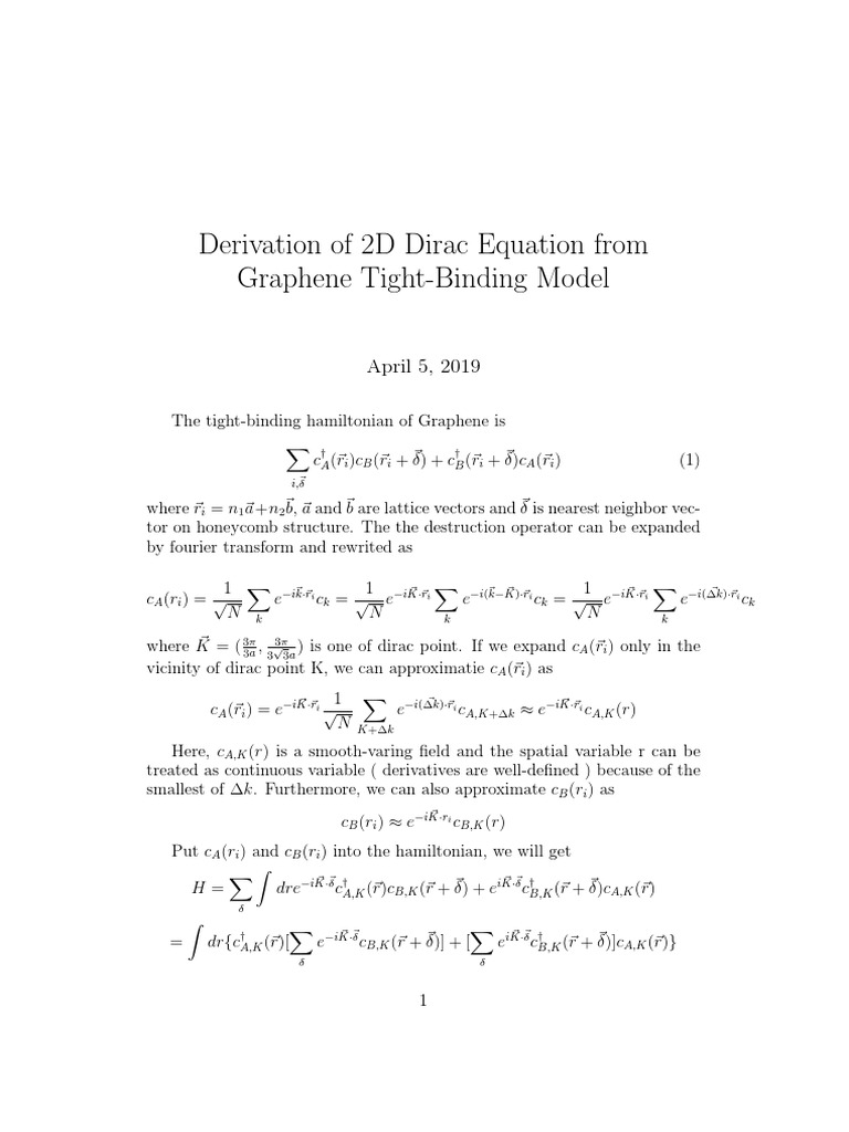 Derivation of 2D Dirac Equation From Graphene Tight-Binding Model | PDF | Scientific Theories ...