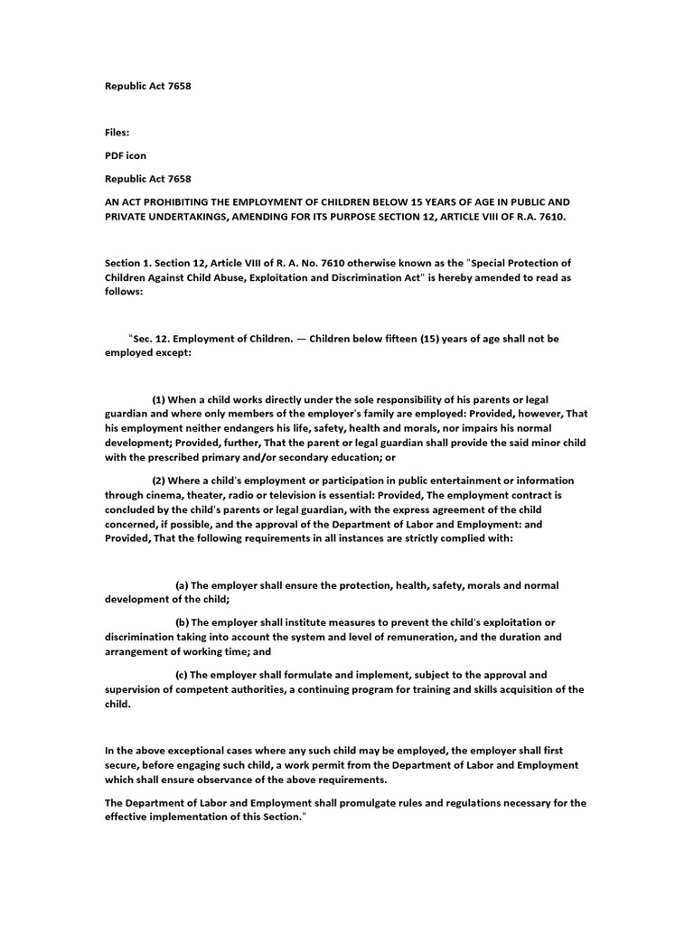 Republic Act 7658 | PDF | Legal Guardian | Employment