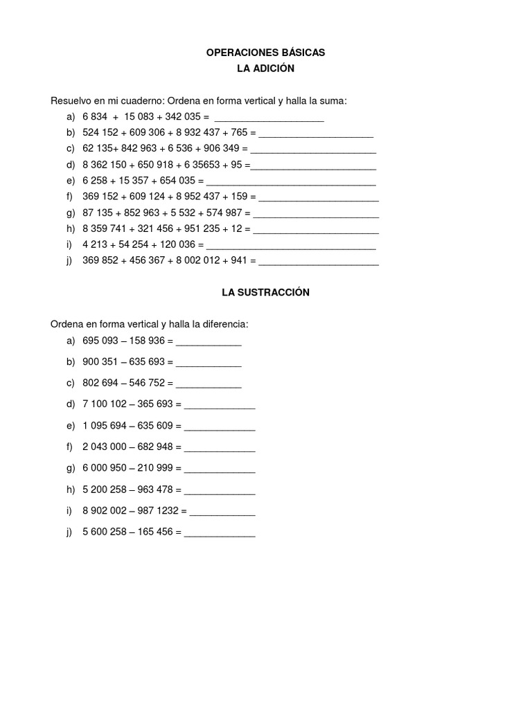 Operaciones Básicas: Suma y Resta | PDF | Matemática Elemental | Números