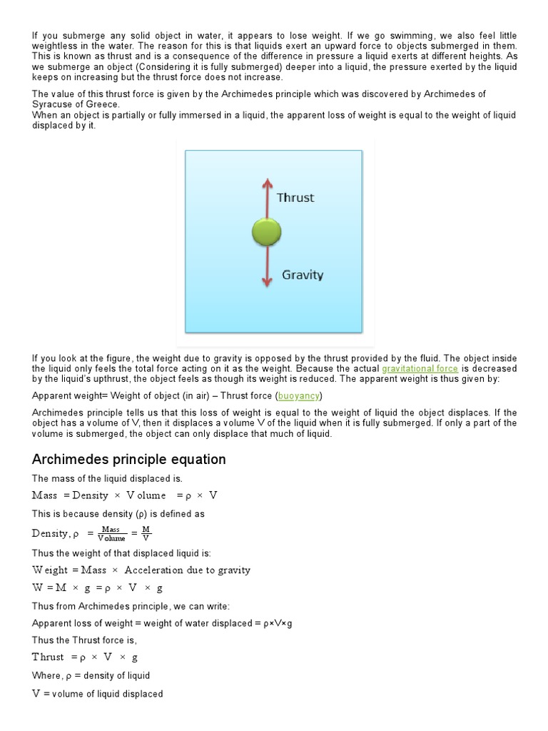Archimedes principle equation: Mass Density × V olume Ρ × V | PDF ...