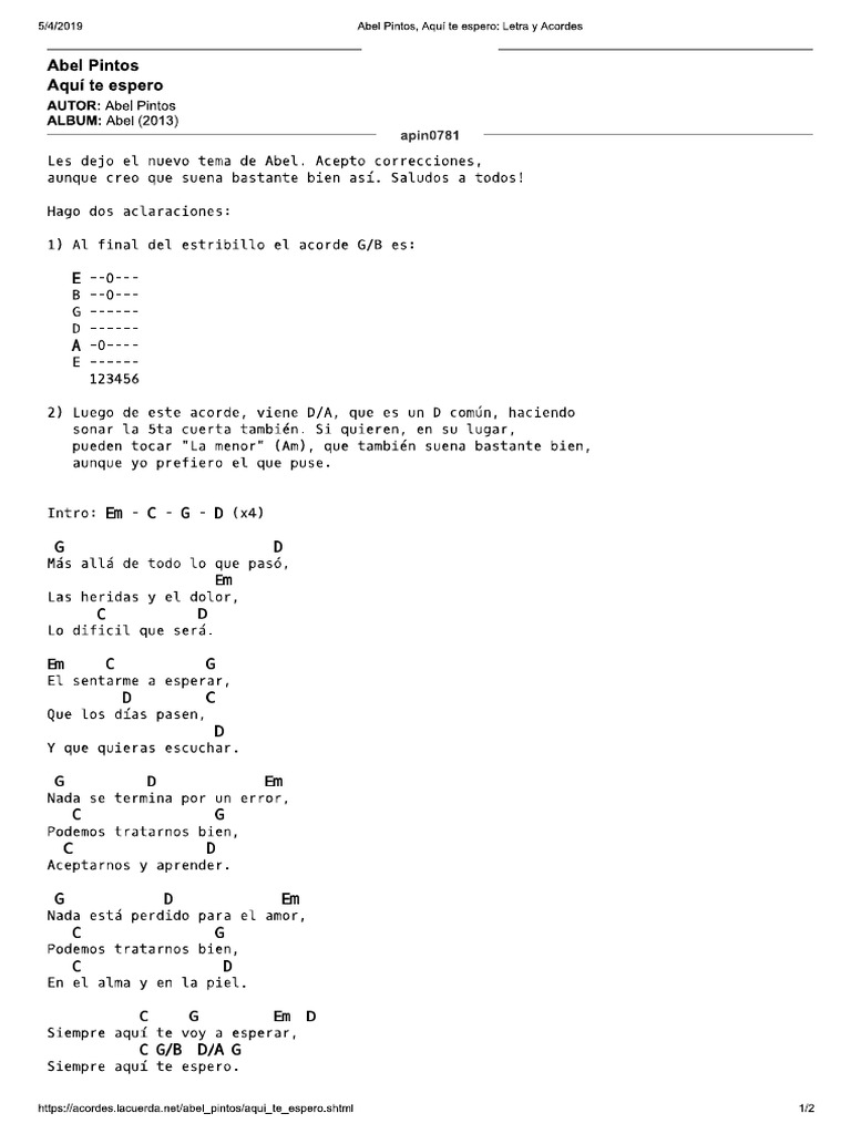Abel Pintos, Aquí Te Espero - Letra y Acordes PDF | PDF