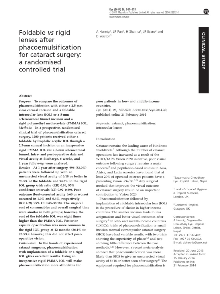 Foldable Vs Rigid Lenses After Phacoemulsification For Cataract Surgery ...