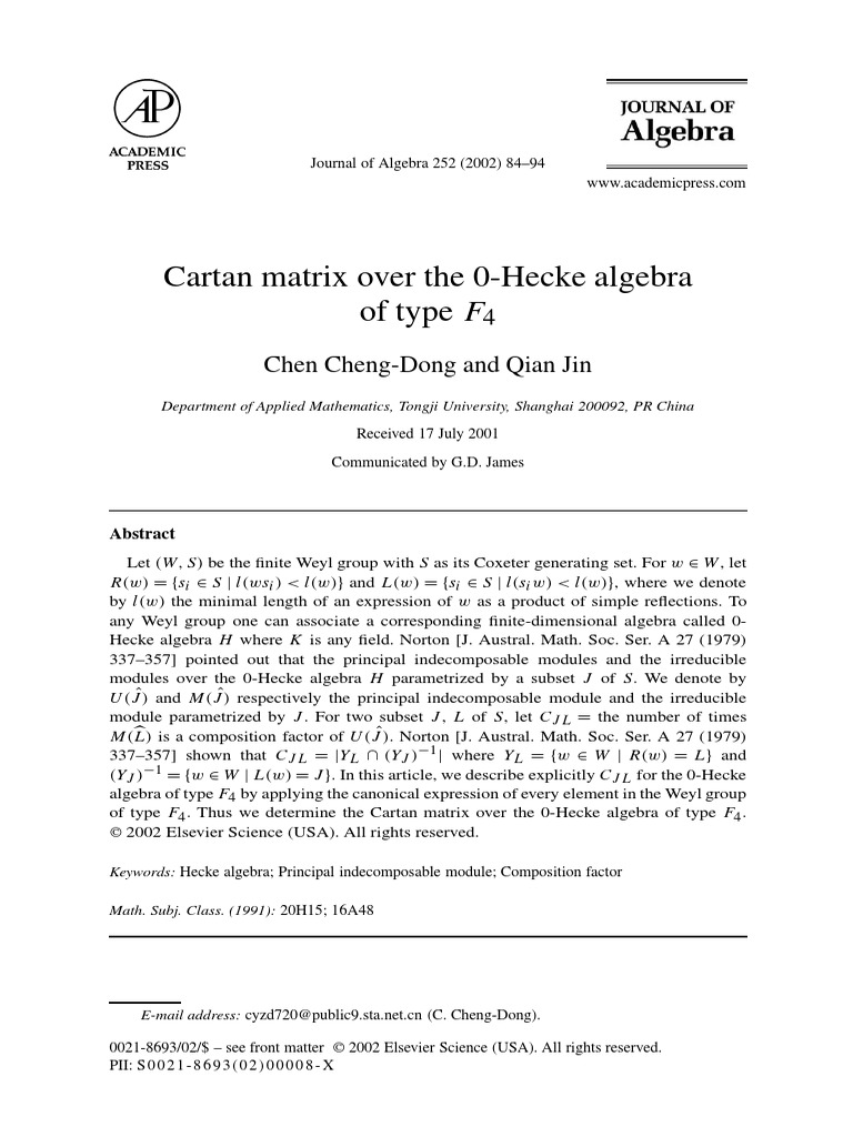 Cartan Matrix Over The 0-Hecke Algebra of Type F: 4 Chen Cheng-Dong and ...