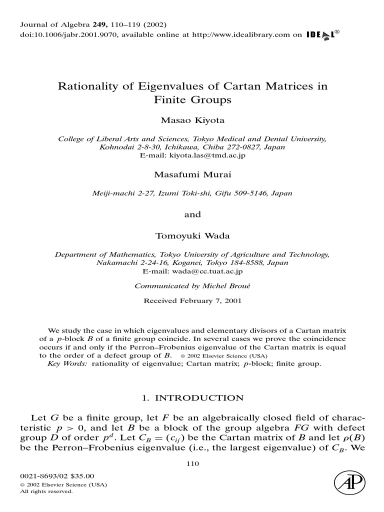 Rationality of Eigenvalues of Cartan Matrices in Finite Groups | PDF | Eigenvalues And ...
