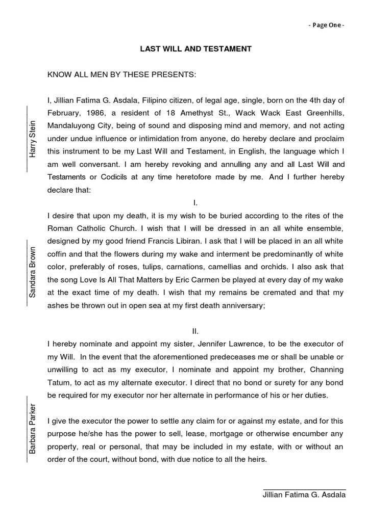 Notarial Will Sample | Will And Testament | Metro Manila | Free 30-day ...