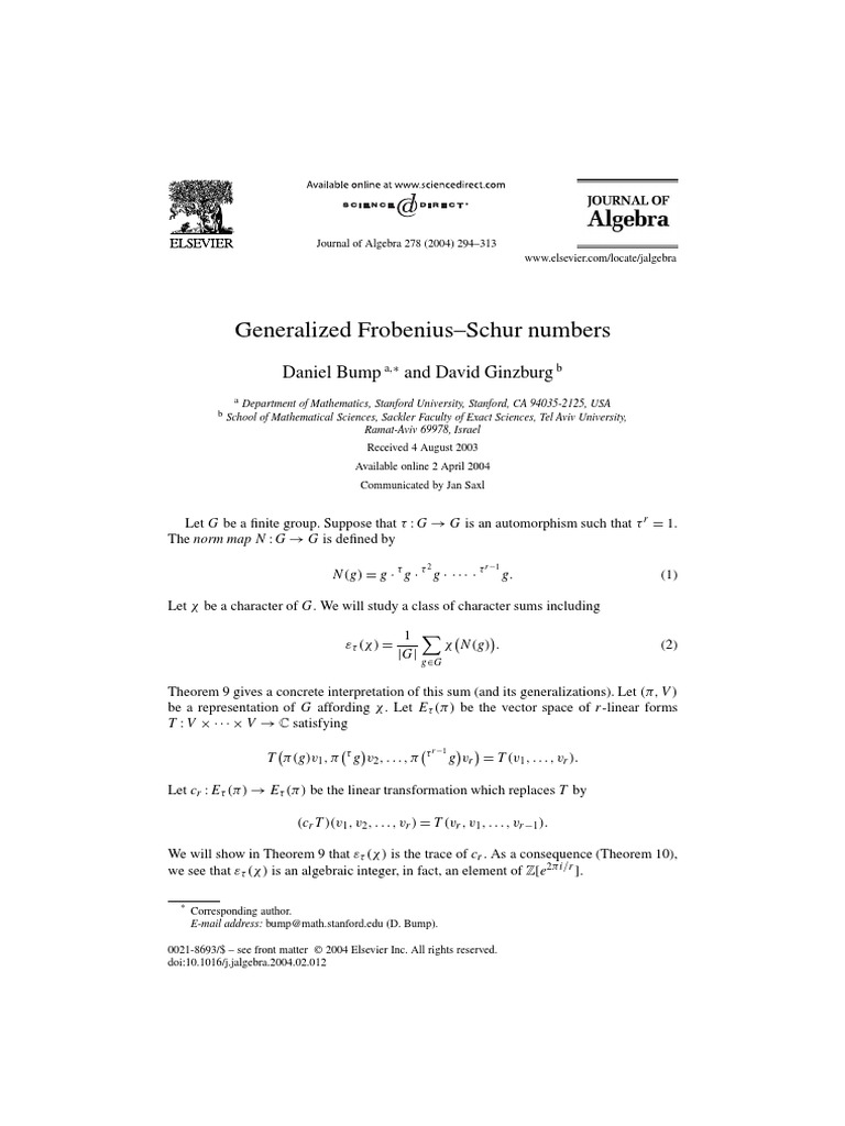 Generalized Frobenius-Schur Numbers: Daniel Bump and David Ginzburg ...