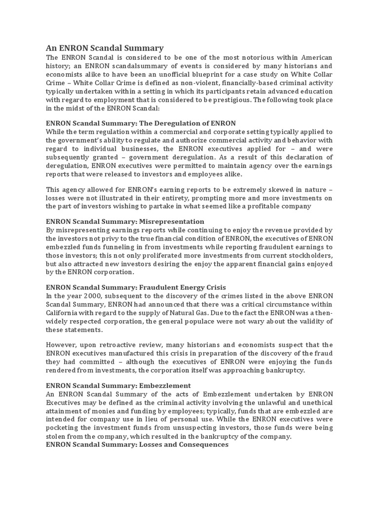 An ENRON Scandal Summary | PDF | Enron | Sarbanes–Oxley Act