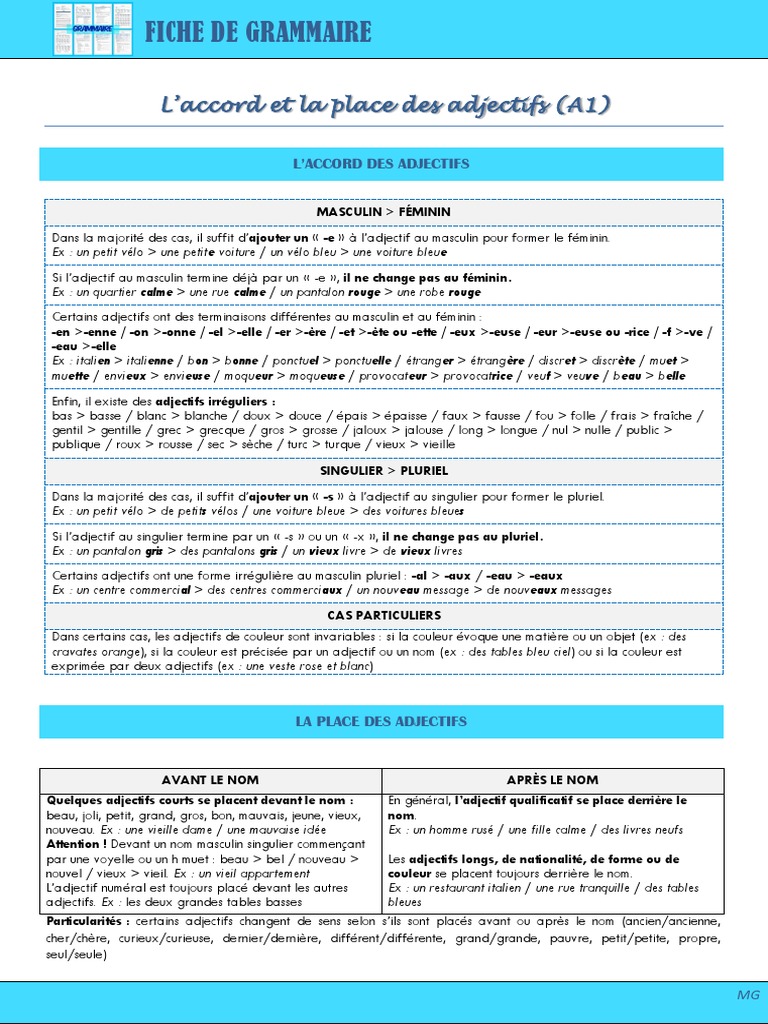 A1 - Grammaire - Accord Et Place Des Adjectifs PDF | PDF | Genre ...