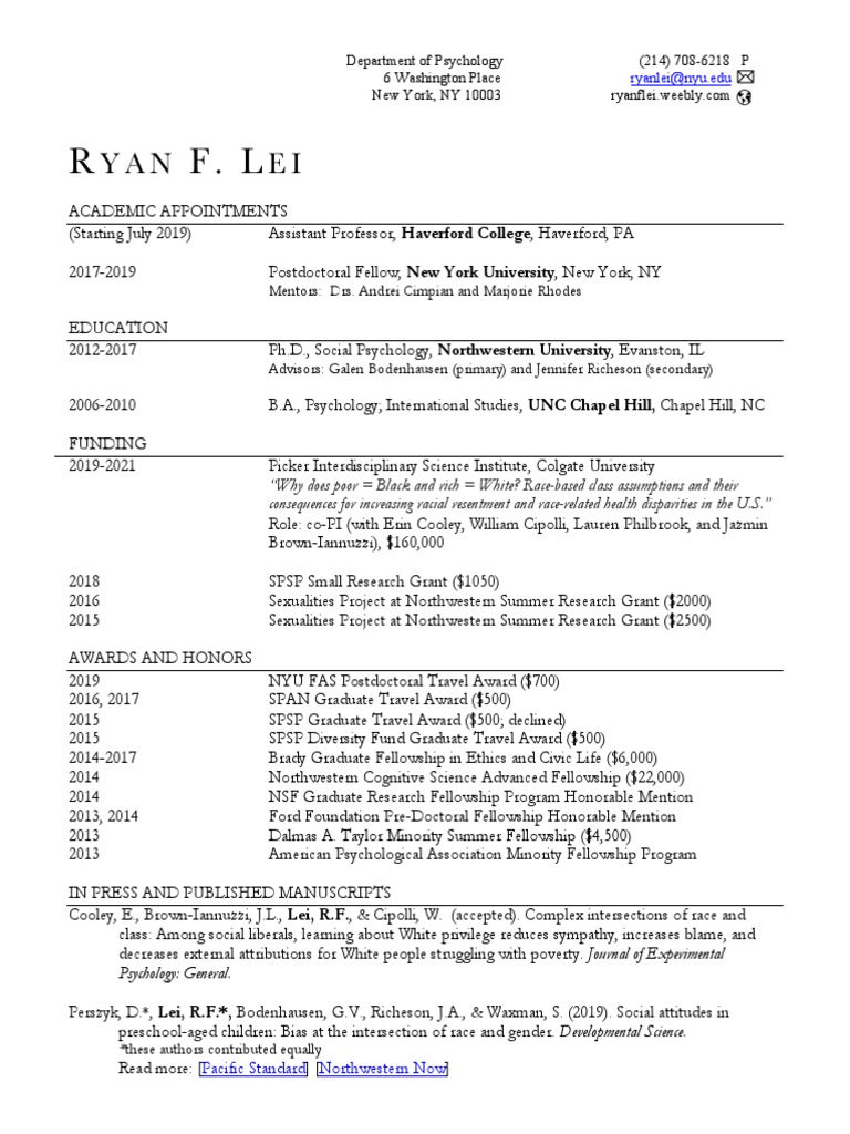 Lei Ryan CV | PDF | Social Psychology | Bias